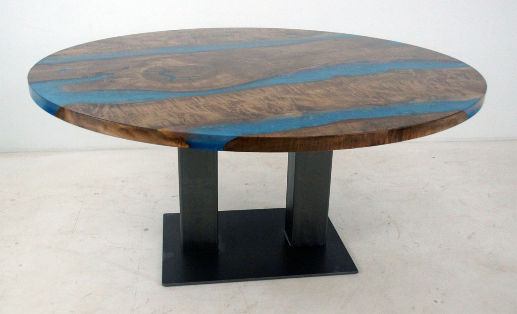Stained Maple Round Table With Blue Resin And Stones | Chagrin Valley ...